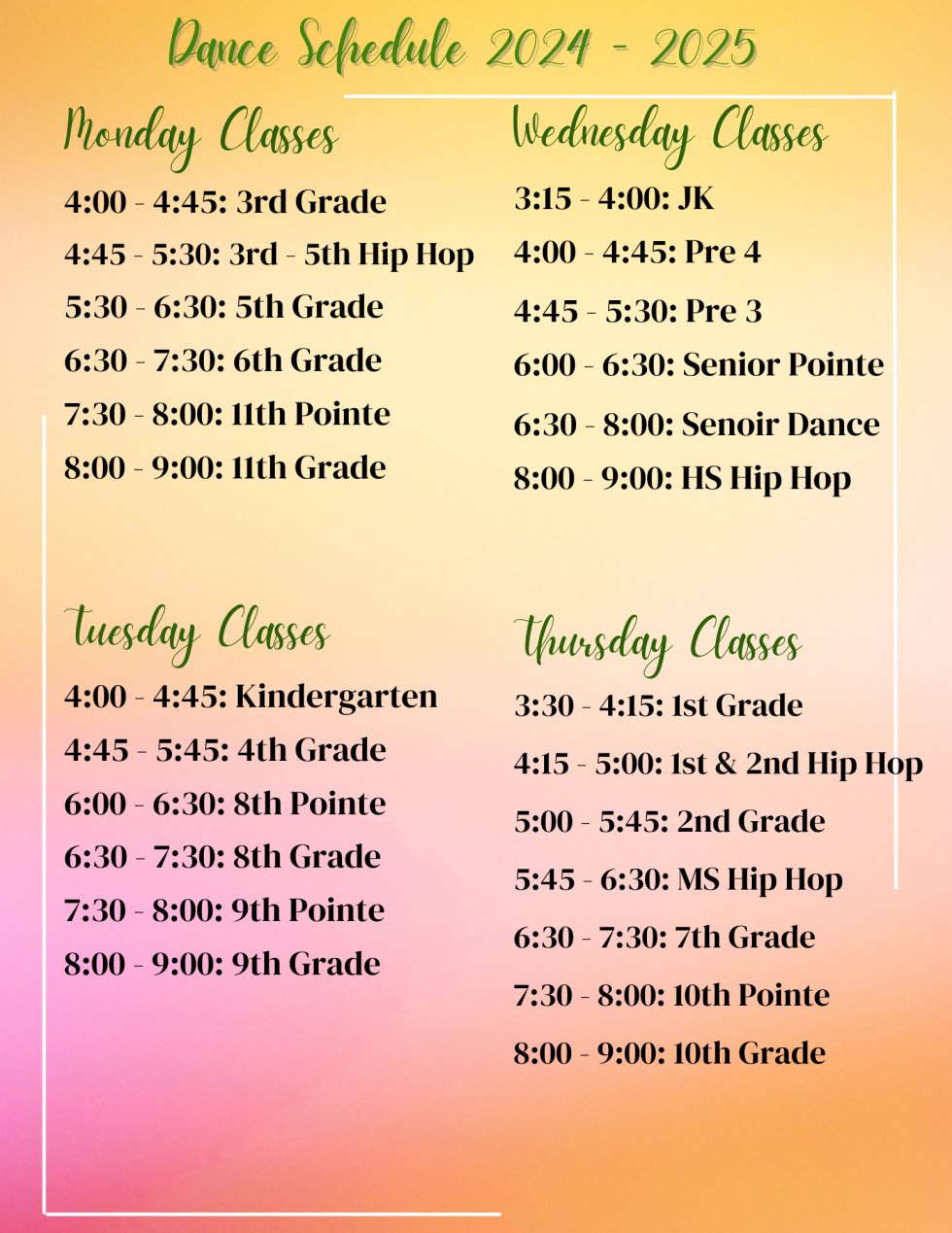 Class Schedule | Sarah's Dance Studio